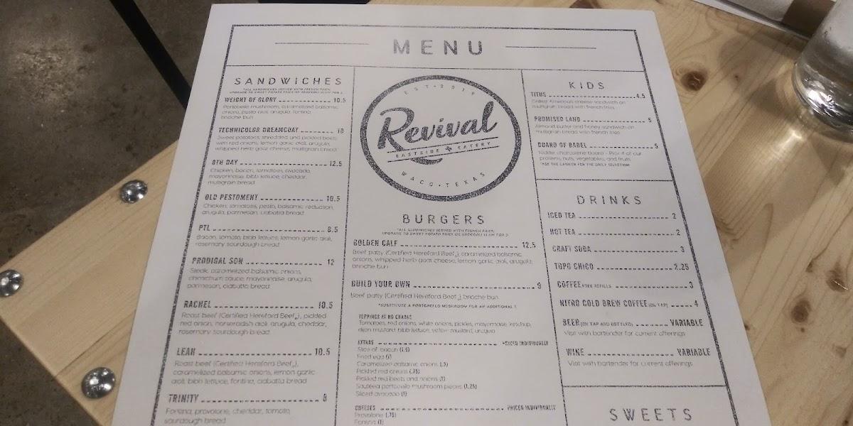 Menu at Revival Eastside Eatery restaurant, Waco