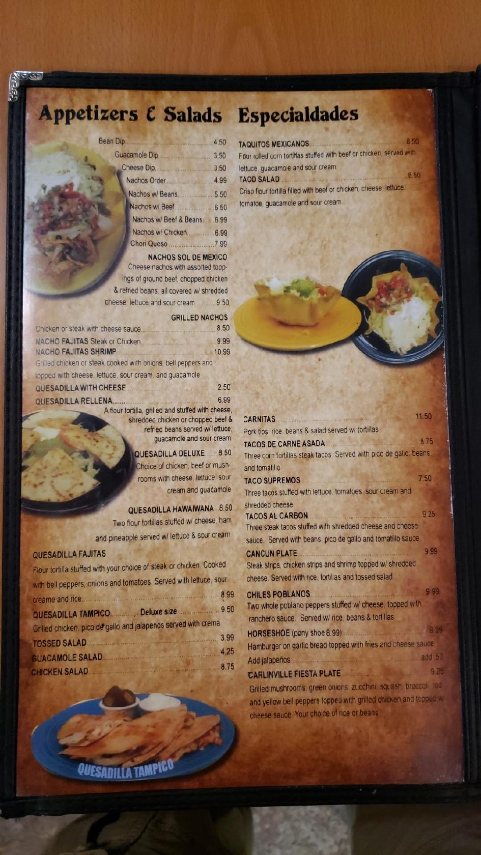 Menu at Sol De Mexico restaurant, Carlinville