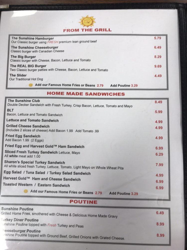 Menu at Sunshine Diner restaurant, Fredericton