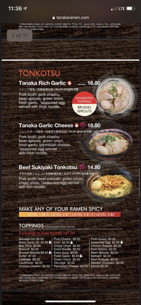 Menu at Tanaka Ramen & Izakaya restaurant, Honolulu