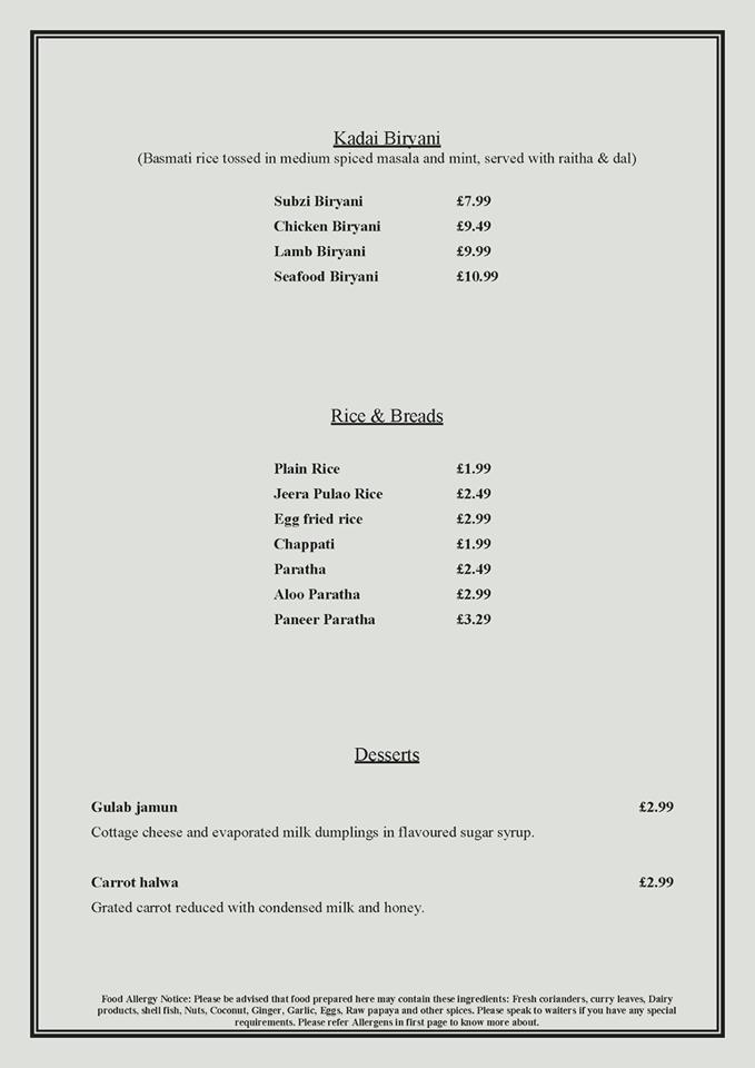 Menu at Thela restaurant, Cambridge
