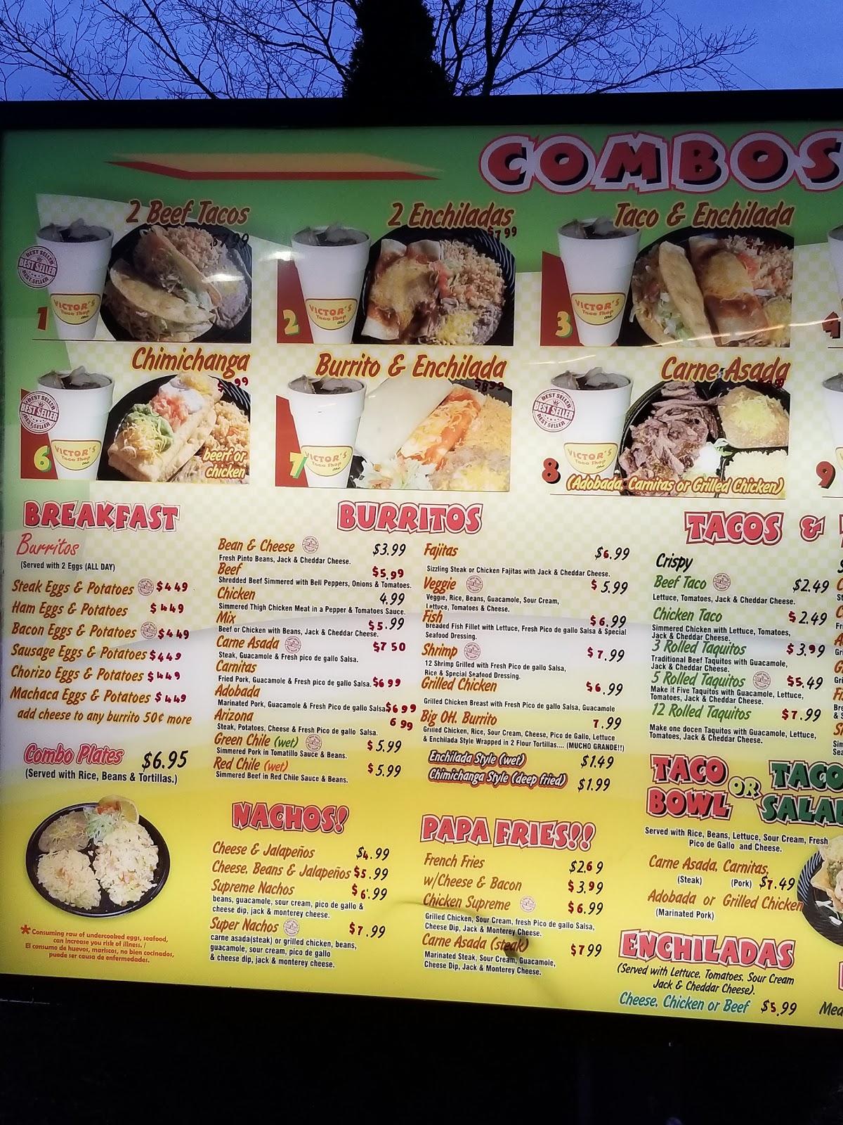 Menu at Victors Taco Shop restaurant, Delaware