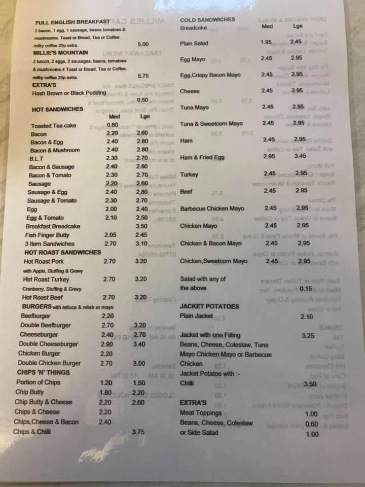 Menu at Millys Cafe, Goldthorpe