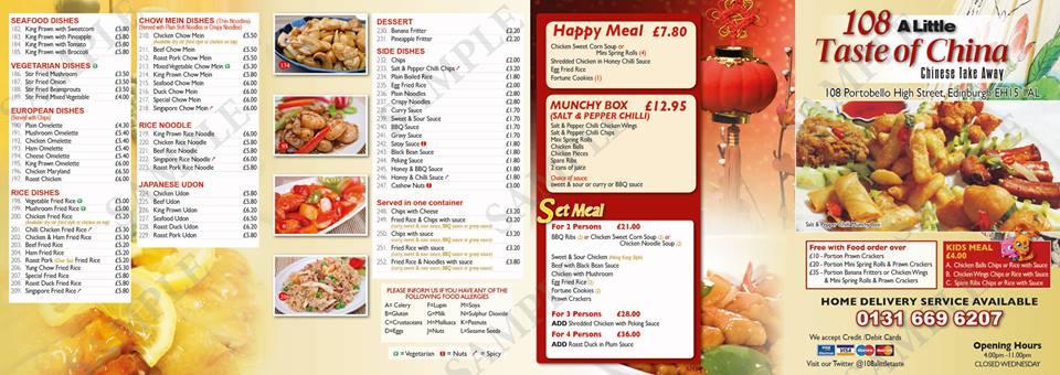Menu at 108 Chinese Take Away fast food, Edinburgh