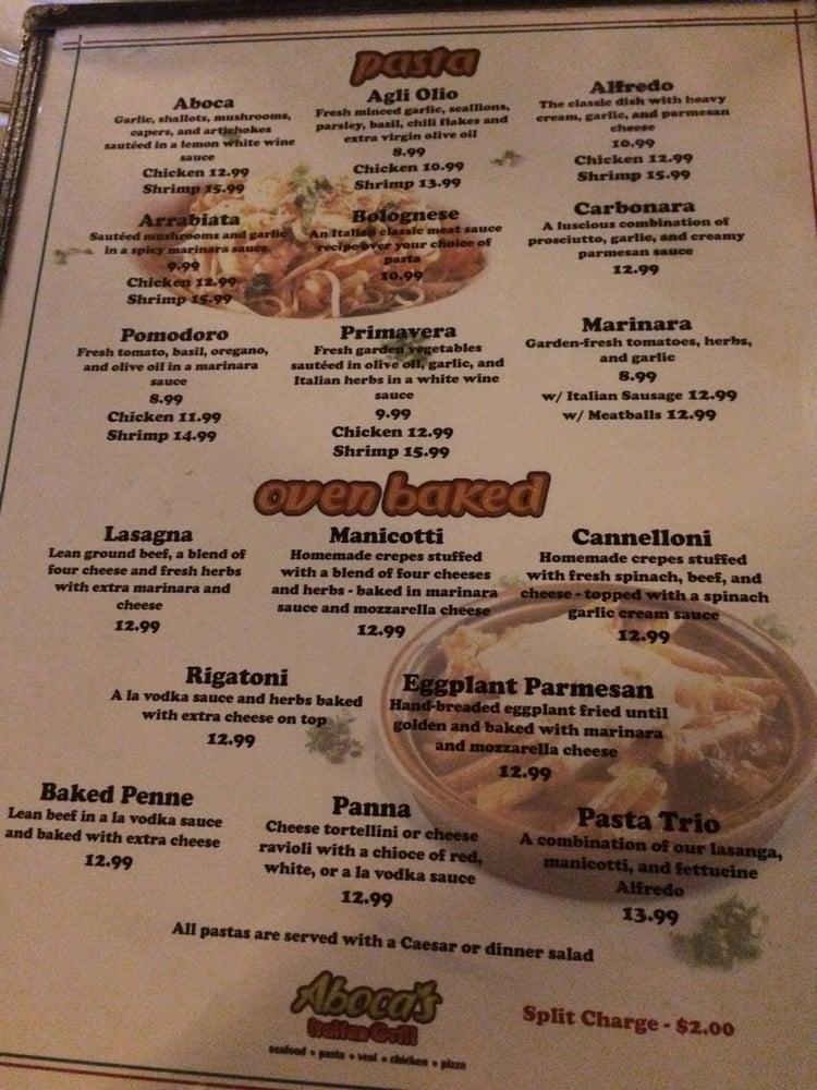 Menu at Aboca's Italian Grill pizzeria, Richardson