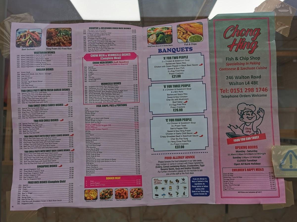 Menu at Chong Hing fast food, Liverpool