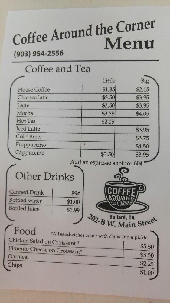 Menu at Coffee Around The Corner cafe, Bullard