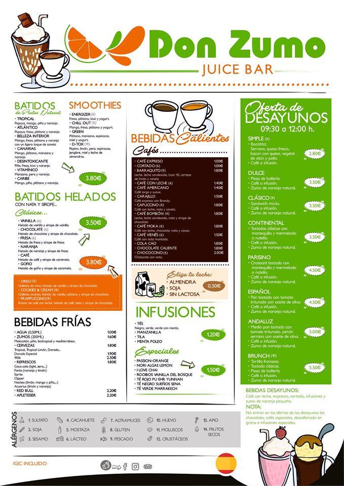 Menu at Don Zumo Green Bar, Playa Honda