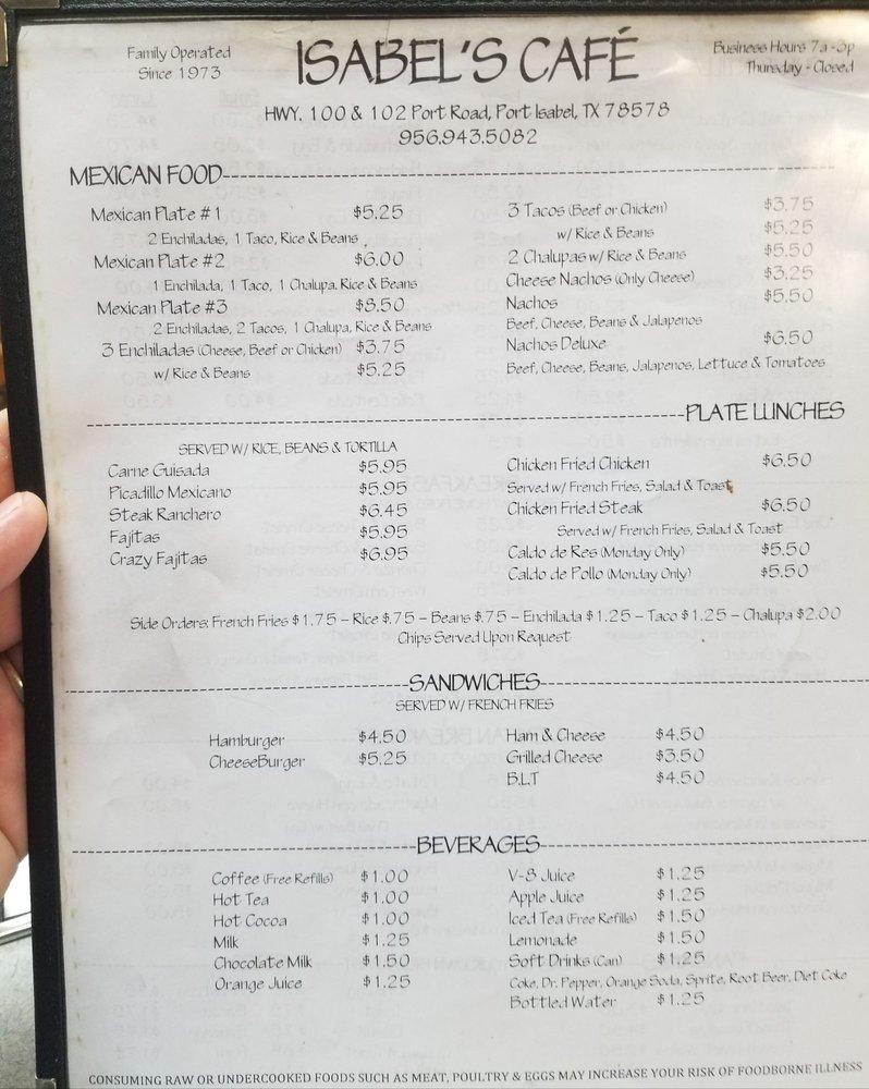 Menu at Isabel's Cafe, Port Isabel