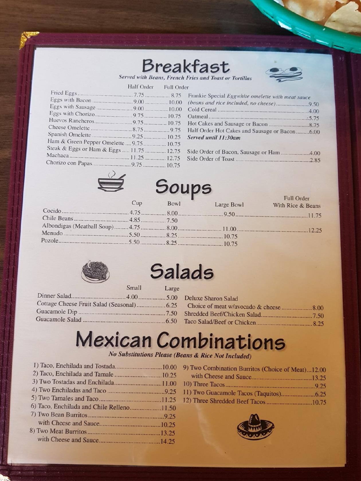 Menu at Mitla Cafe, San Bernardino