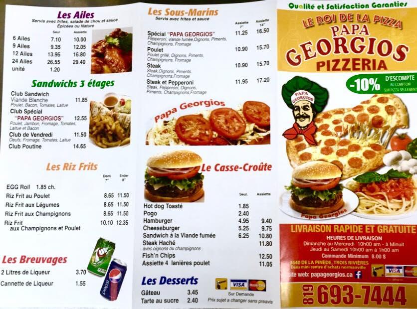Menu at Papa Georgios restaurant, Trois-Rivières