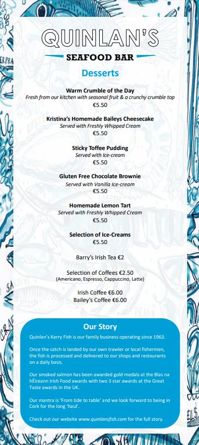 Menu at Quinlans Seafood Bar Cork, Cork