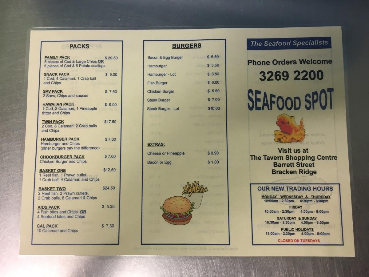 Menu at Seafood Spot restaurant, Bracken Ridge