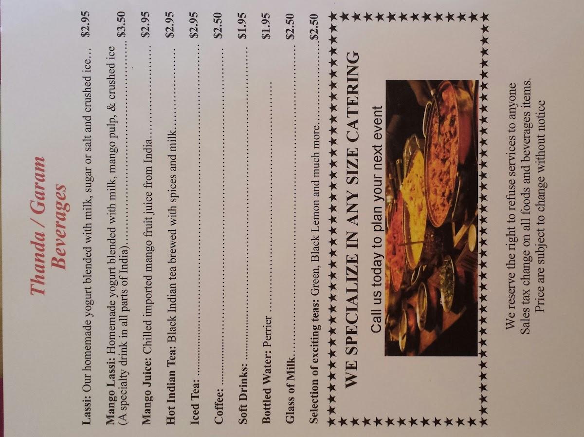 Menu at Taj Indian Palace restaurant, Los Angeles