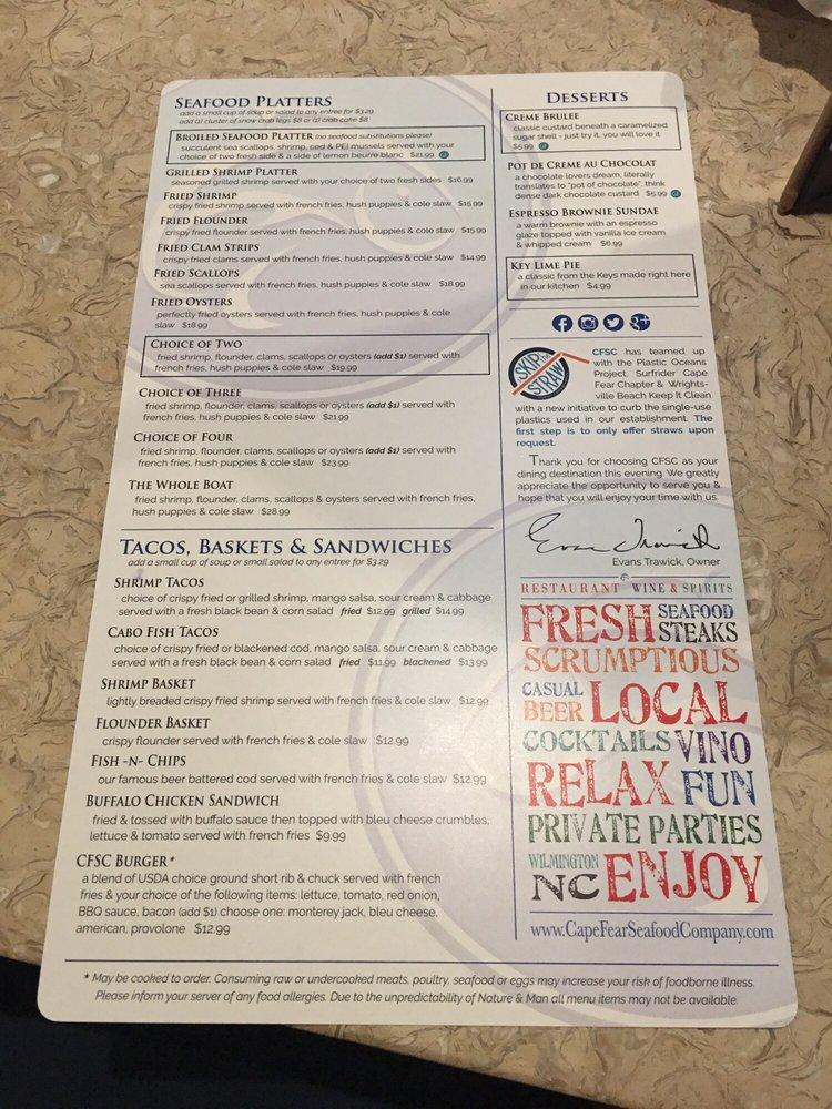 Menu at Cape Fear Seafood Company restaurant, Belville