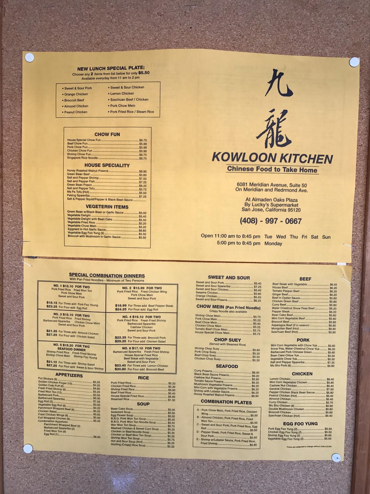 Menu at Kowloon Kitchen Take Out restaurant, San Jose