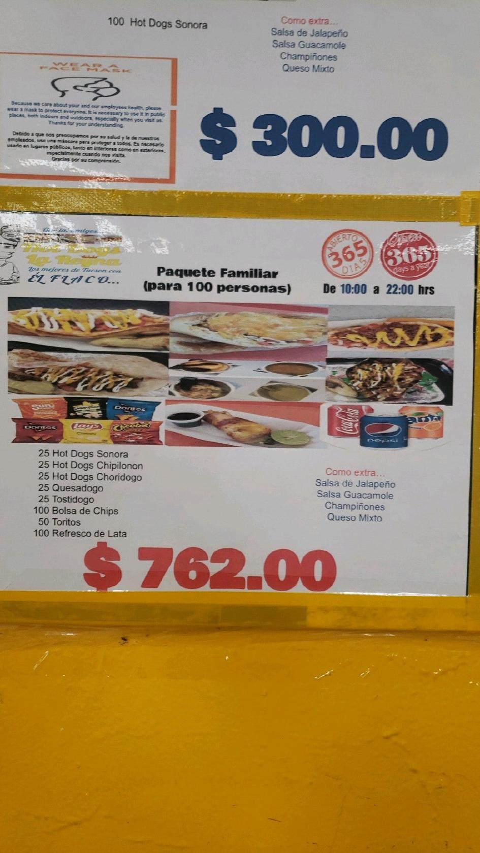 Menu at La Reyna Hot Dogs restaurant, Tucson