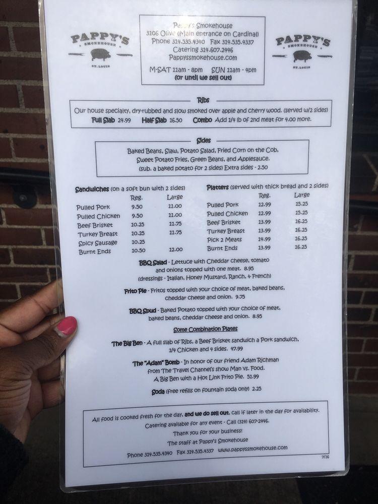 Menu at Pappy's Smokehouse BBQ, St. Louis