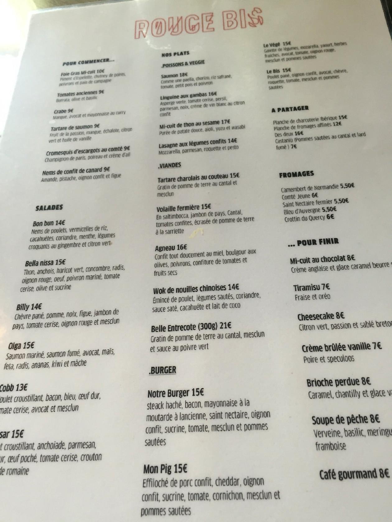 Menu at Rouge Bis pub & bar, Paris