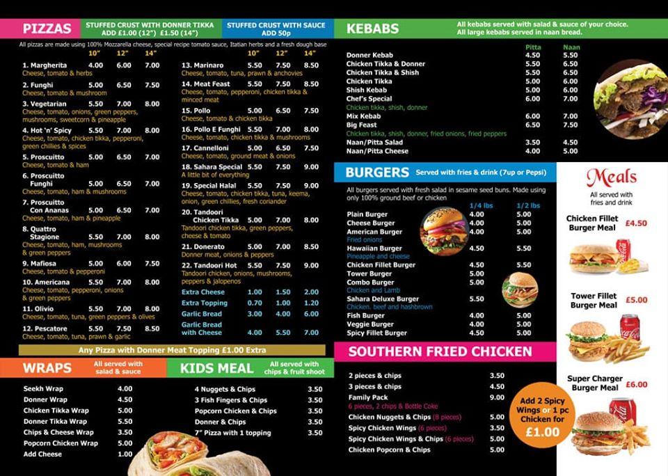 Menu at Sahara Takeaway pizzeria, Southport