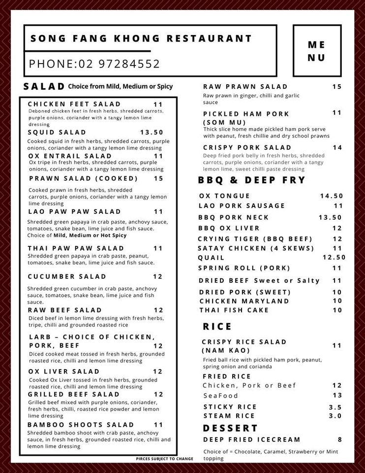 Menu at Song Fang Khong restaurant, Fairfield