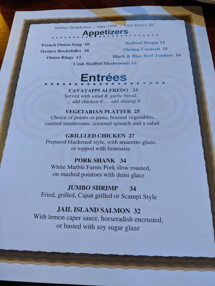 Menu at Stables Steakhouse, Terre Haute