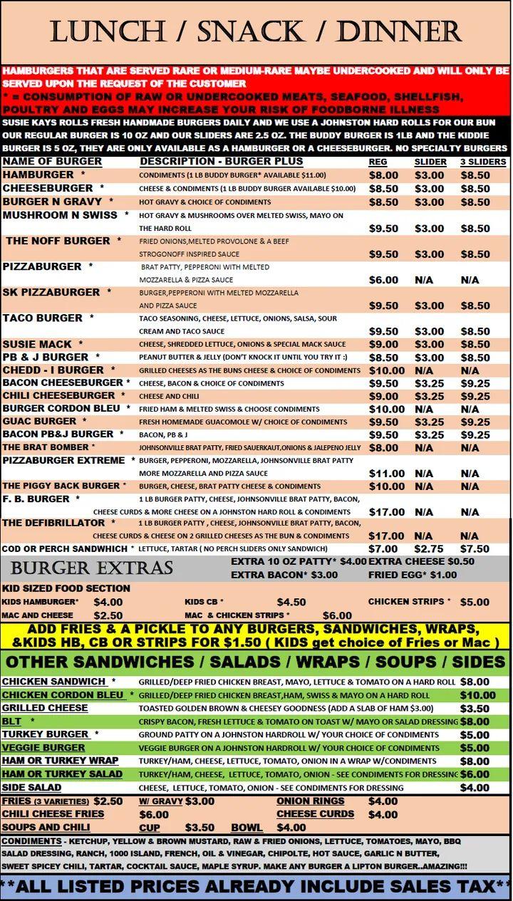 Menu at Susie Kay’s Cafe, Manitowoc