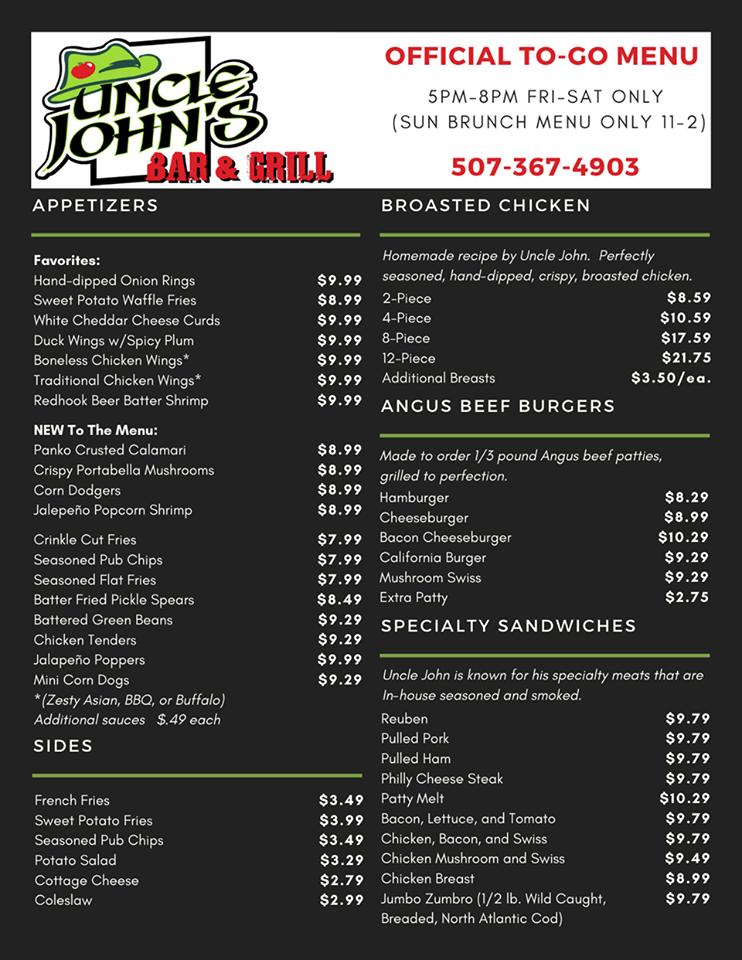 Menu at Uncle John's Bar & Grill, Rochester