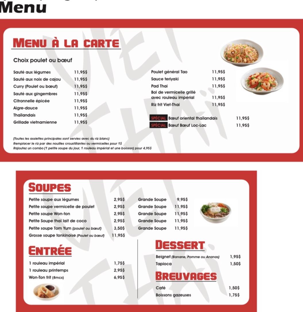 Menu at Viet-Thai restaurant, Québec City