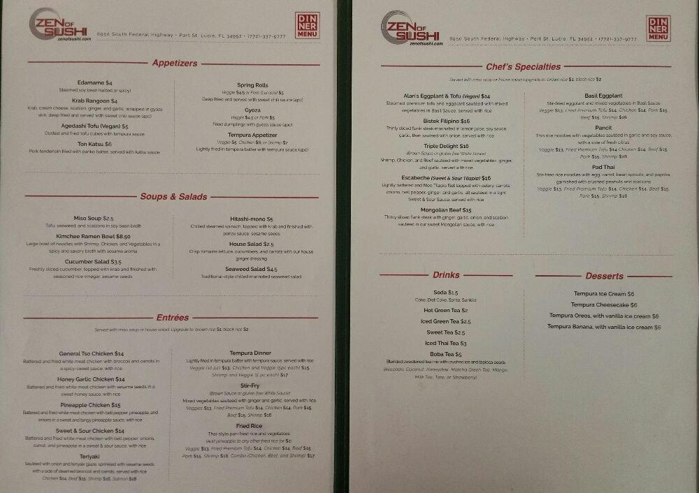 Menu at Zen of Sushi restaurant, Port St. Lucie