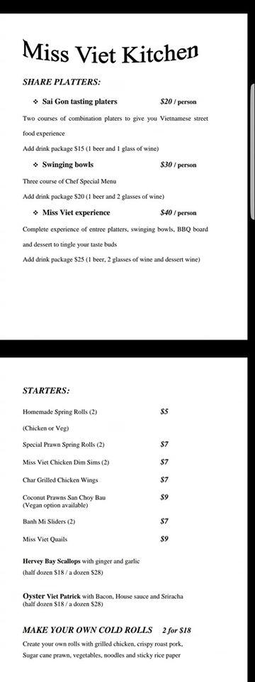 Carta del restaurante Miss Viet Kitchen, Port Adelaide