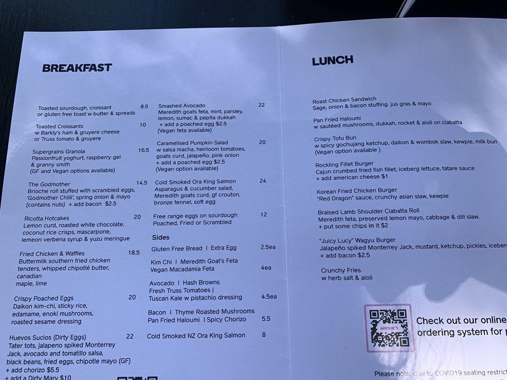Menu at Archie's All Day restaurant, Fitzroy