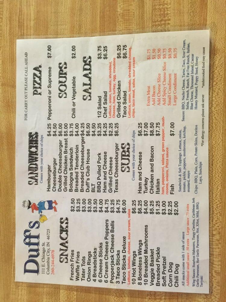 Menu at Duff's pub & bar, Columbia City