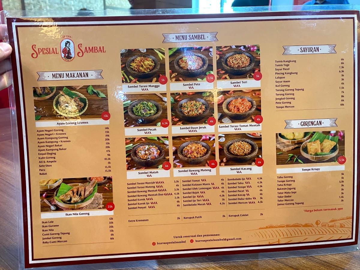 Menu at Bu Eva Spesial Sambal Bendungan Hilir restaurant, Central Jakarta