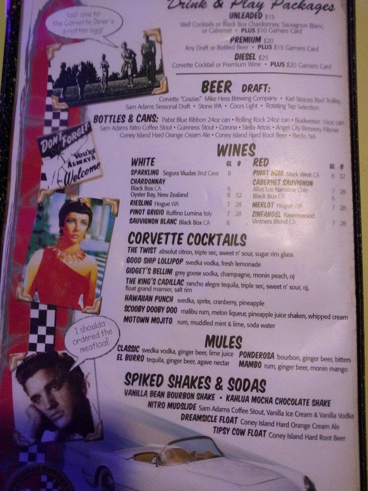 Menu at Corvette Diner restaurant, San Diego, Historic Decatur Rd