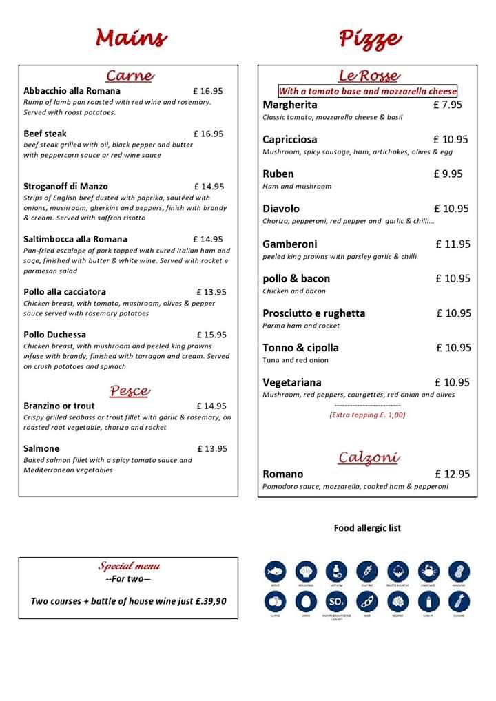 Menu at Fabrizio’s restaurant, Welshpool