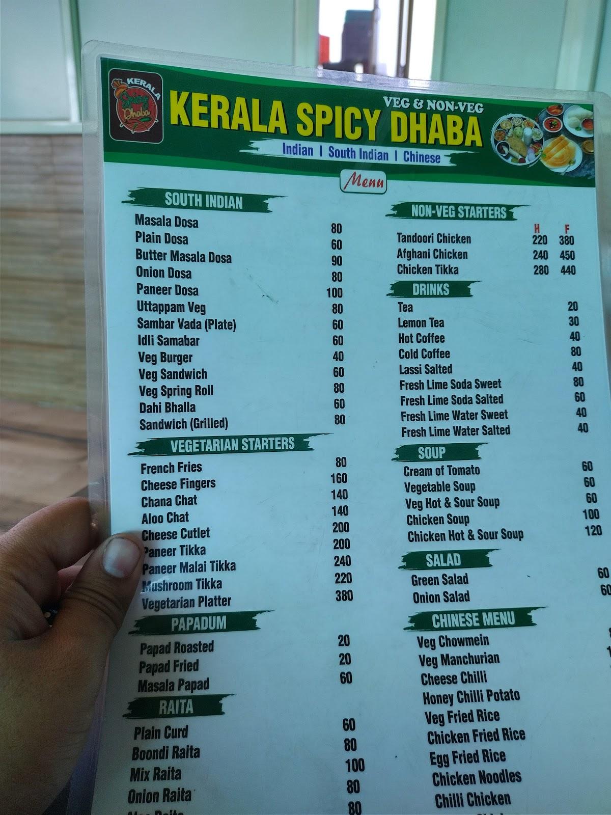 Menu at Kerala Spicy Dhaba, India