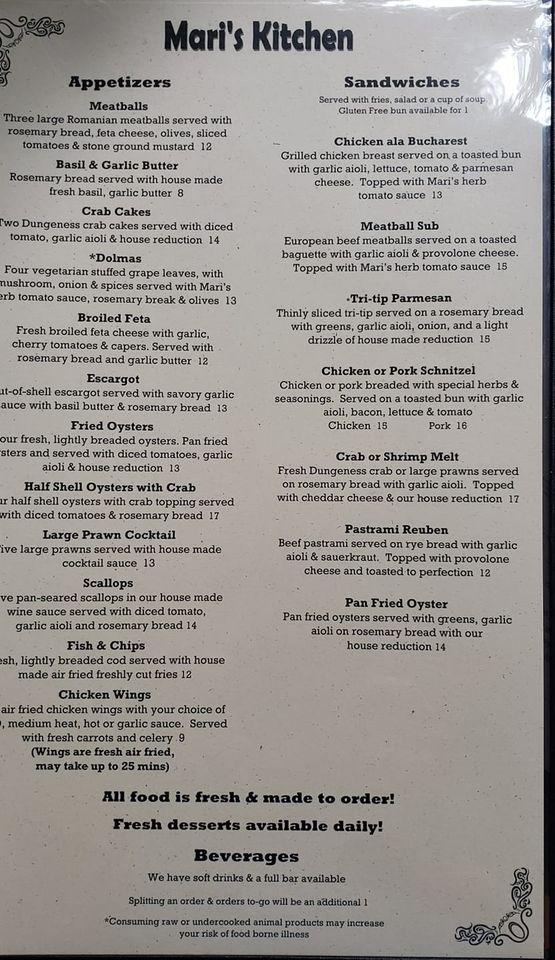 Menu at Mari's Kitchen restaurant, Florence