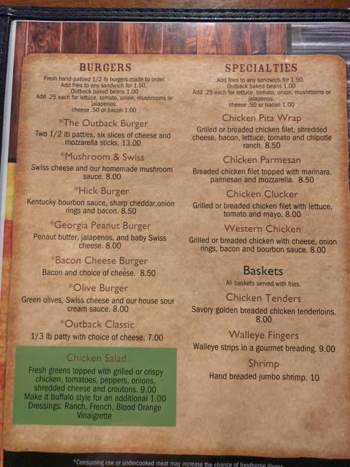 Menu at Outback 51 pub & bar, Woodruff
