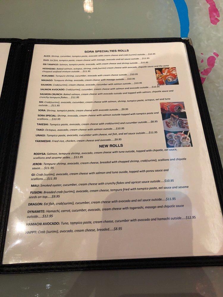 Menu at Sora Sushi Fusion Bar, Brownsville, Pablo Kisel Blvd