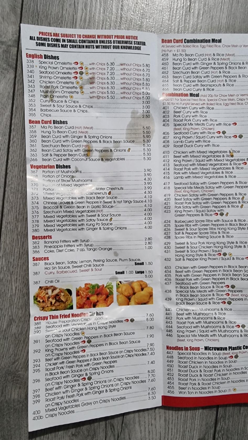 Menu at Tasty House restaurant, London, 118 Denmark Hill