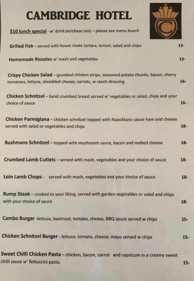 Menu at Cambridge Hotel pub & bar, Parkes