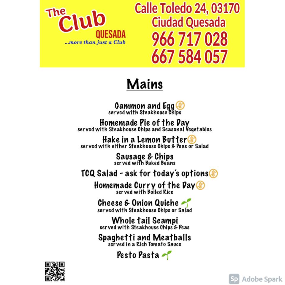 Menu at The Club, Quesada, Rojales