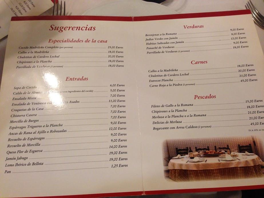 Menu at La Gran Tasca restaurant, Madrid