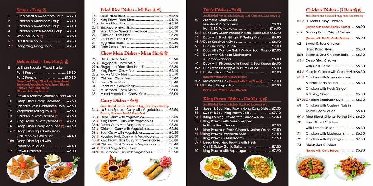 Menu at Lu Shan Chinese Restaurant, Bembridge