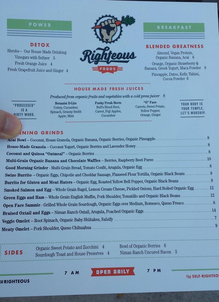 Menu at Righteous Foods cafe, Fort Worth