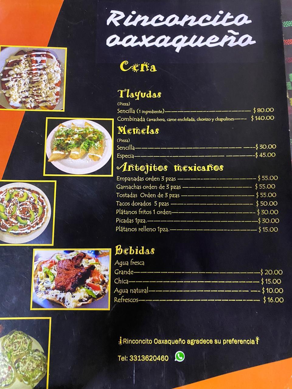 Menu at Rinconcito Oaxaqueño restaurant, Atotonilco El Alto