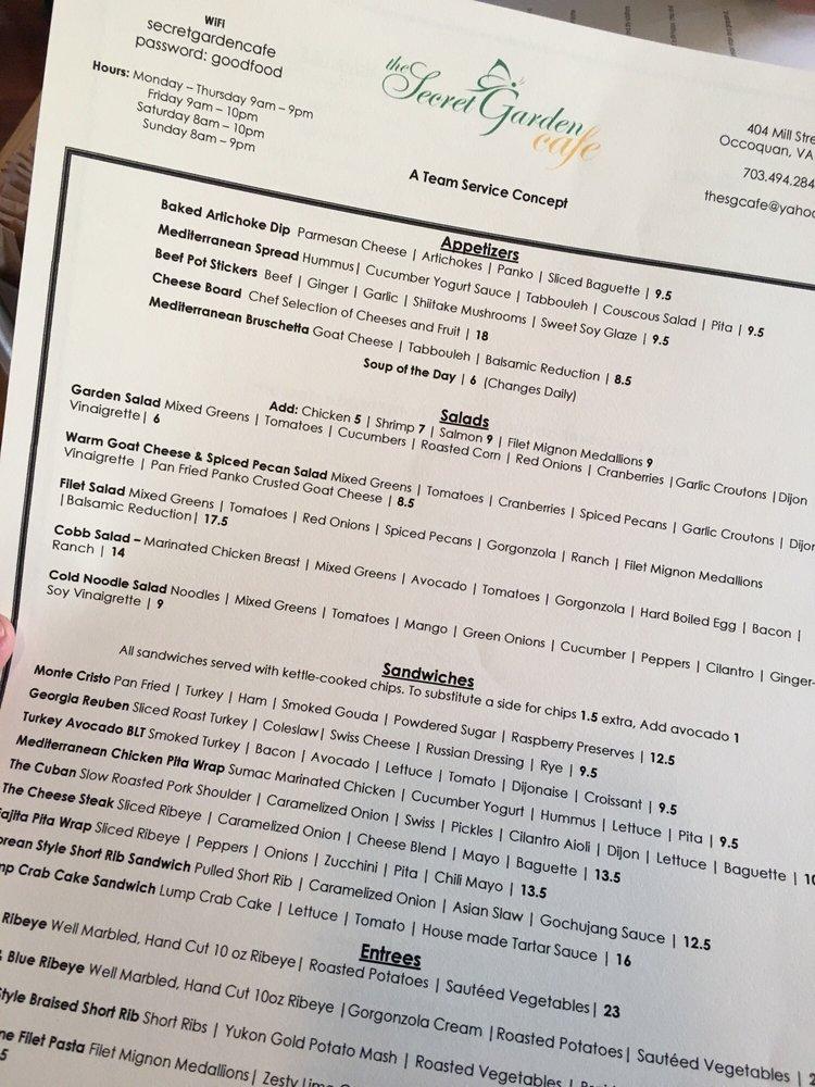 Carta de The Secret Garden Cafe, Occoquan