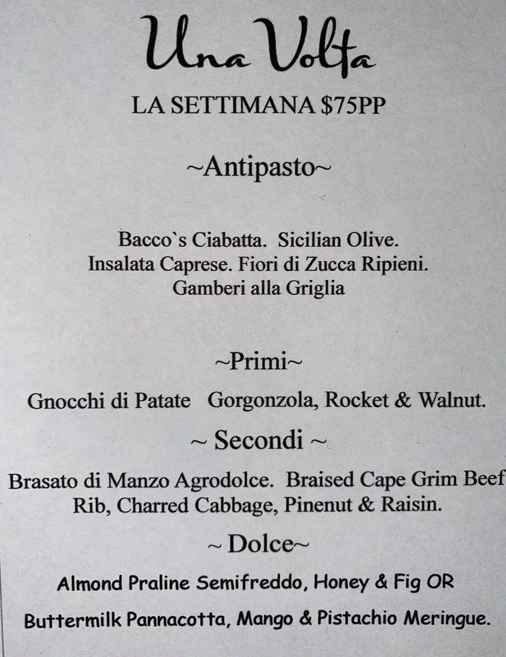 Menu at Una Volta restaurant, Newcastle