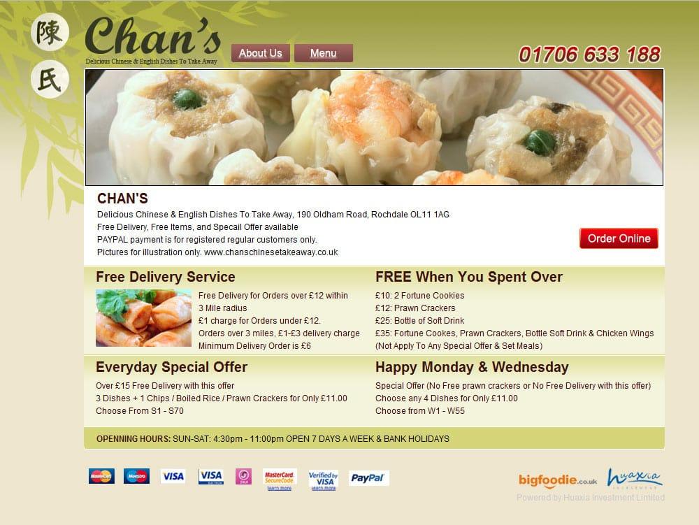 Menu at Chan's fast food, Rochdale, 190 Oldham Road